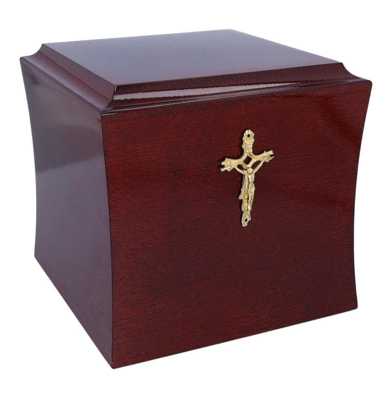 Catholic mahogany wooden urn with gold cross